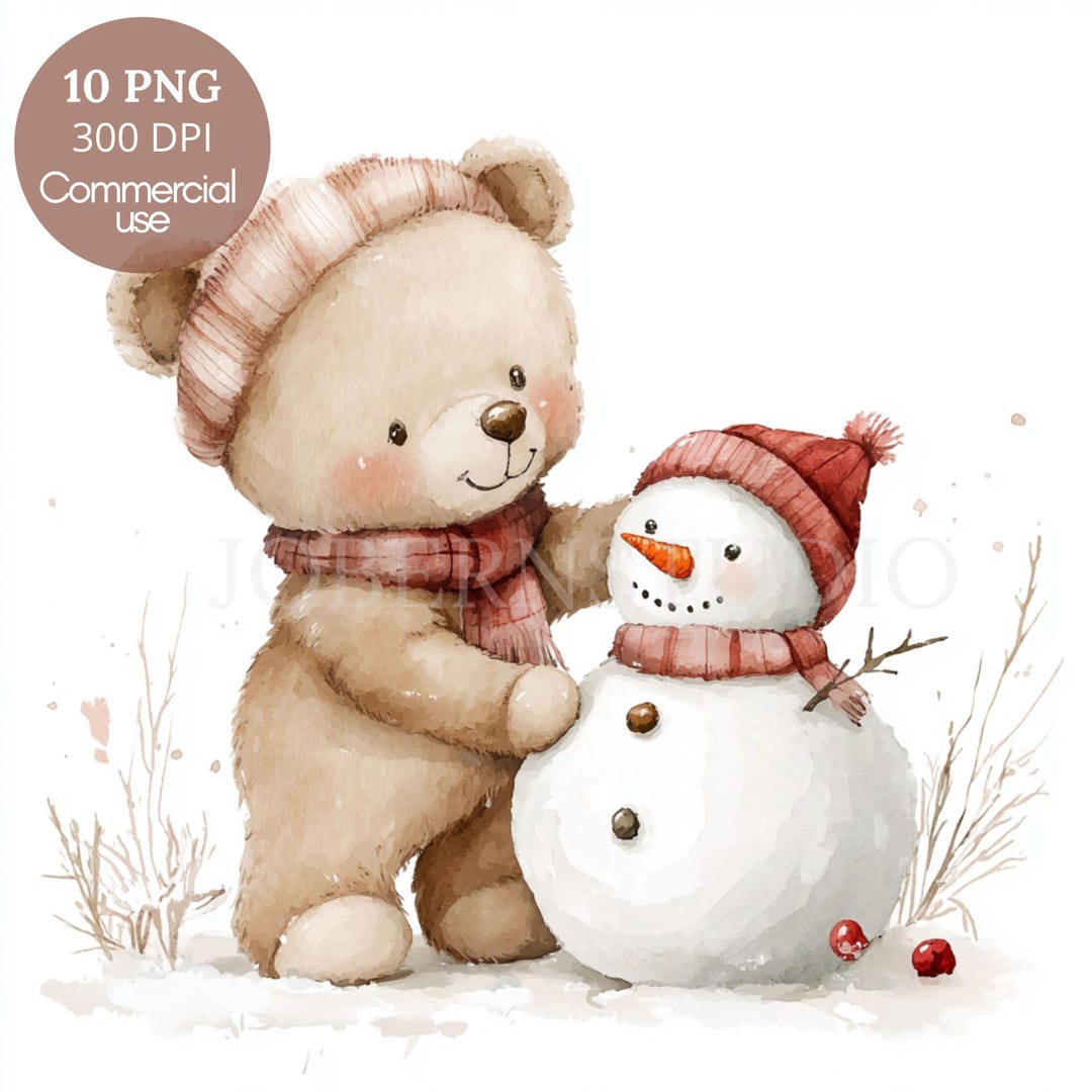 Christmas Teddy Bear & Snowman Clipart,watercolor 10 High Quality Png ...