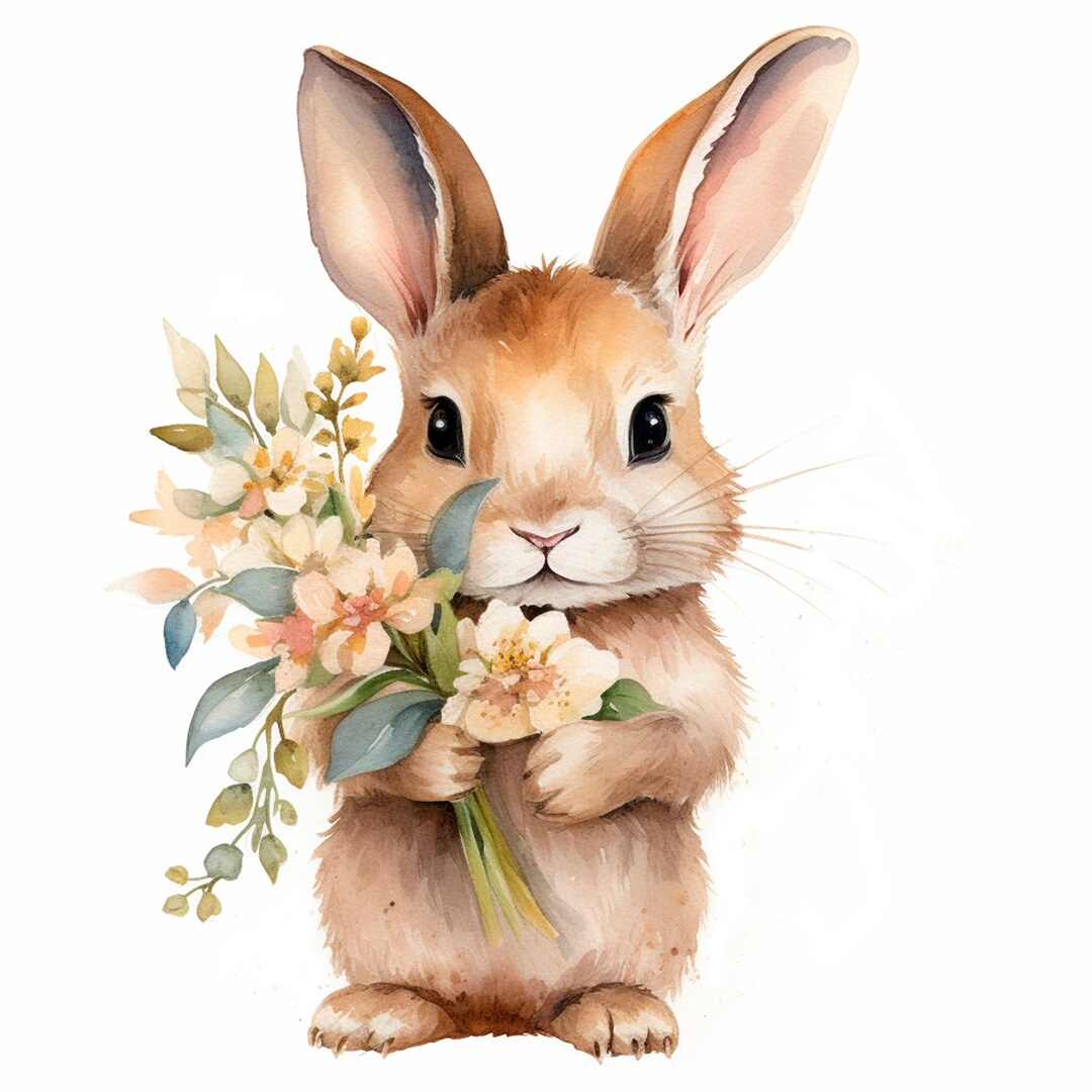 Bunny With Flower Clipart PNG Bundle 15 High Quality, Watercolor Rabbit ...