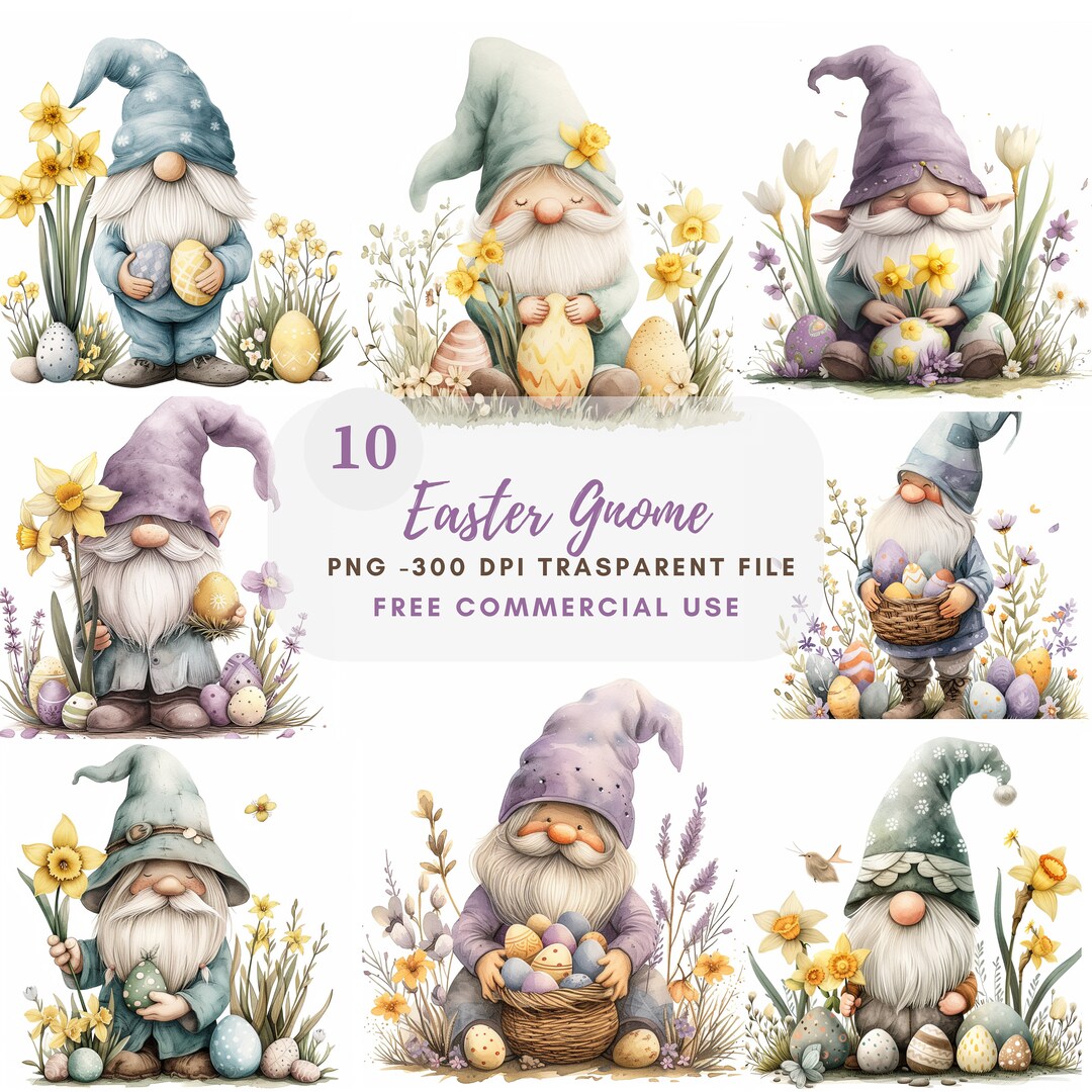 Easter Gnome Clipart PNG Bundle 10 High Quality JPG, Easter Watercolor ...