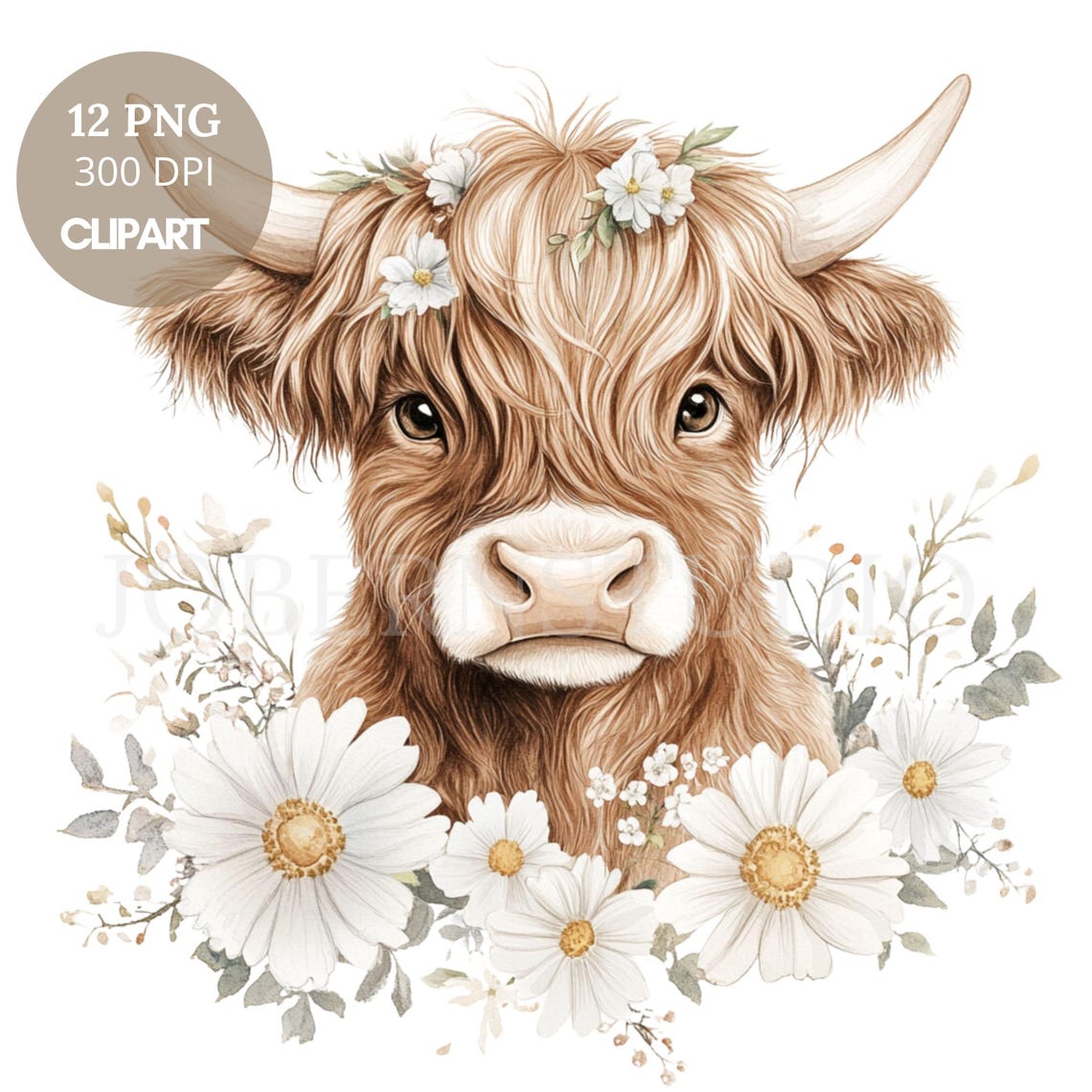 Flower Highlander Clipart PNG Bundle 12 High Quality,watercolor ...