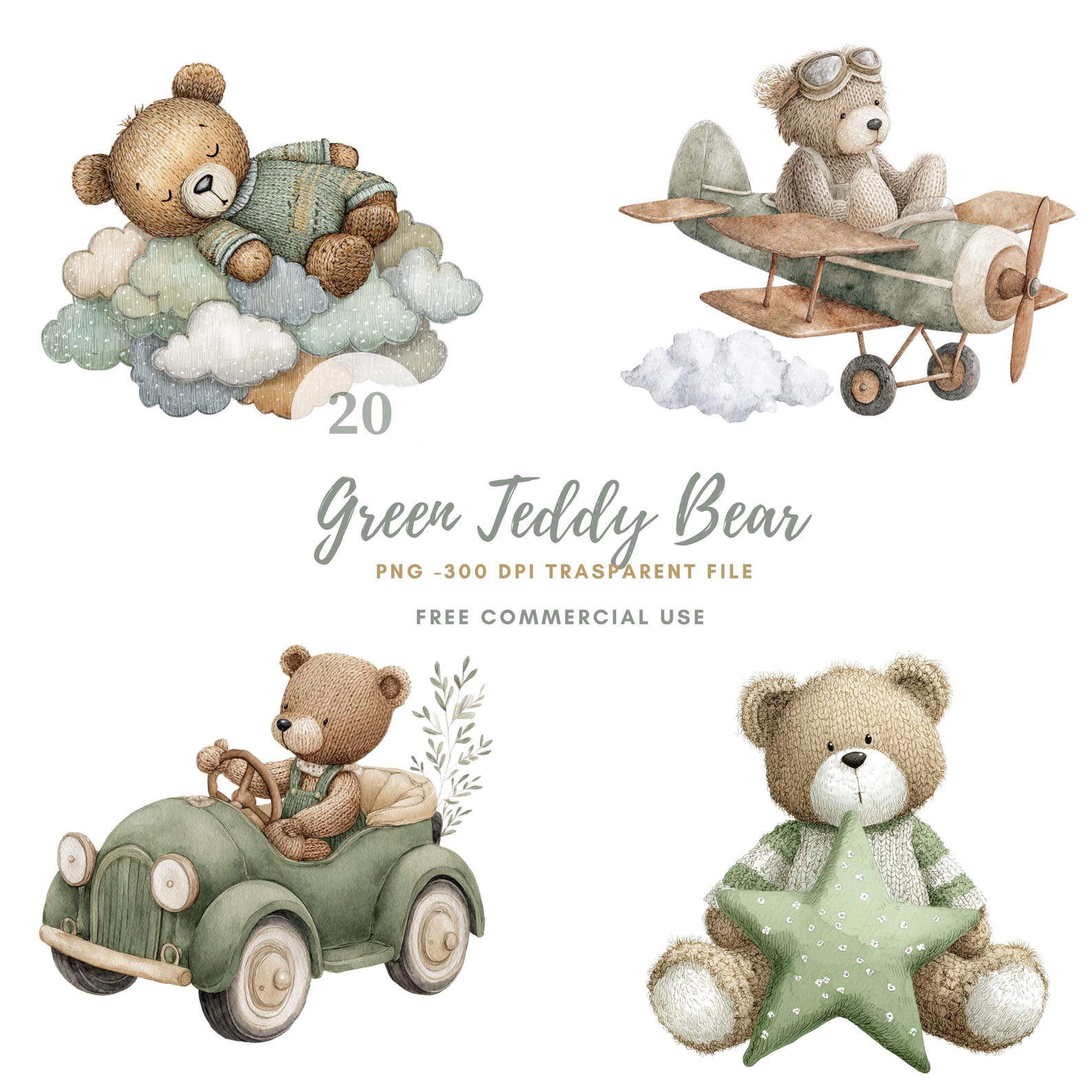 Green Teddy Bear Nursery Clipart PNG Bundle 20 High Quality| Watercolor ...