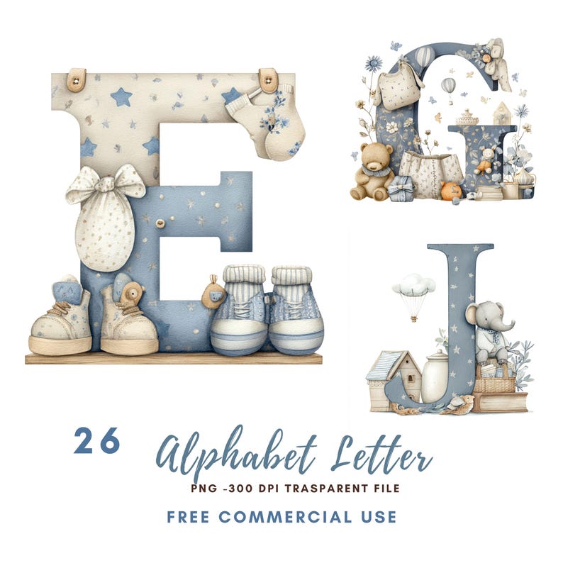 Nursery Alphabet Letter,clipart Bundle 26 PNG, Watercolor Blue Letter ...