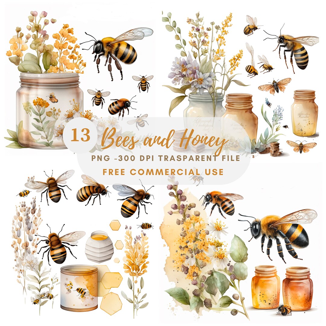 Bees and Honey Clipart PNG Bundle 13 High Quality JPG, Vintage Bee ...