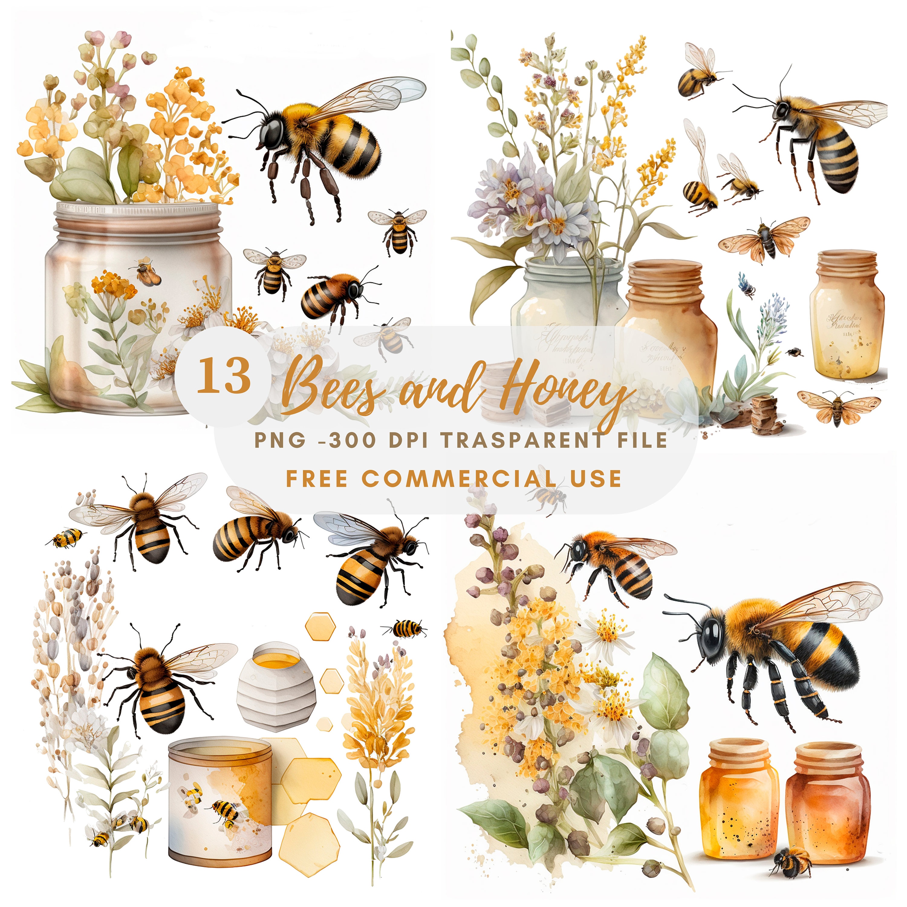 Bees and Honey Clipart PNG Bundle 13 High Quality JPG, Vintage Bee ...