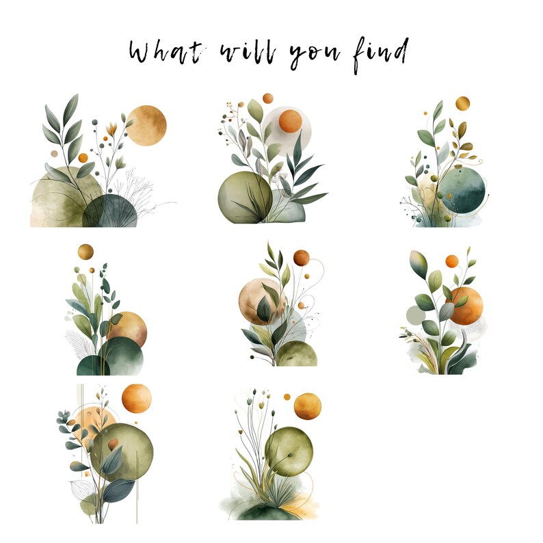 Boho Wall Art Clipart Bundle 8 High Quality PNG| Watercolor Green ...