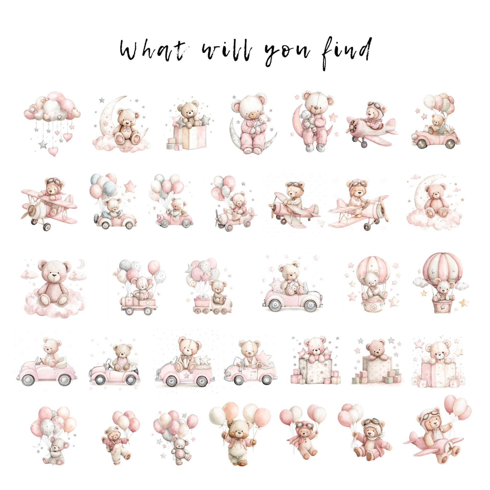 Pink Teddy Bear Nursery Clipart PNG Bundle 34 High Quality| Watercolor ...