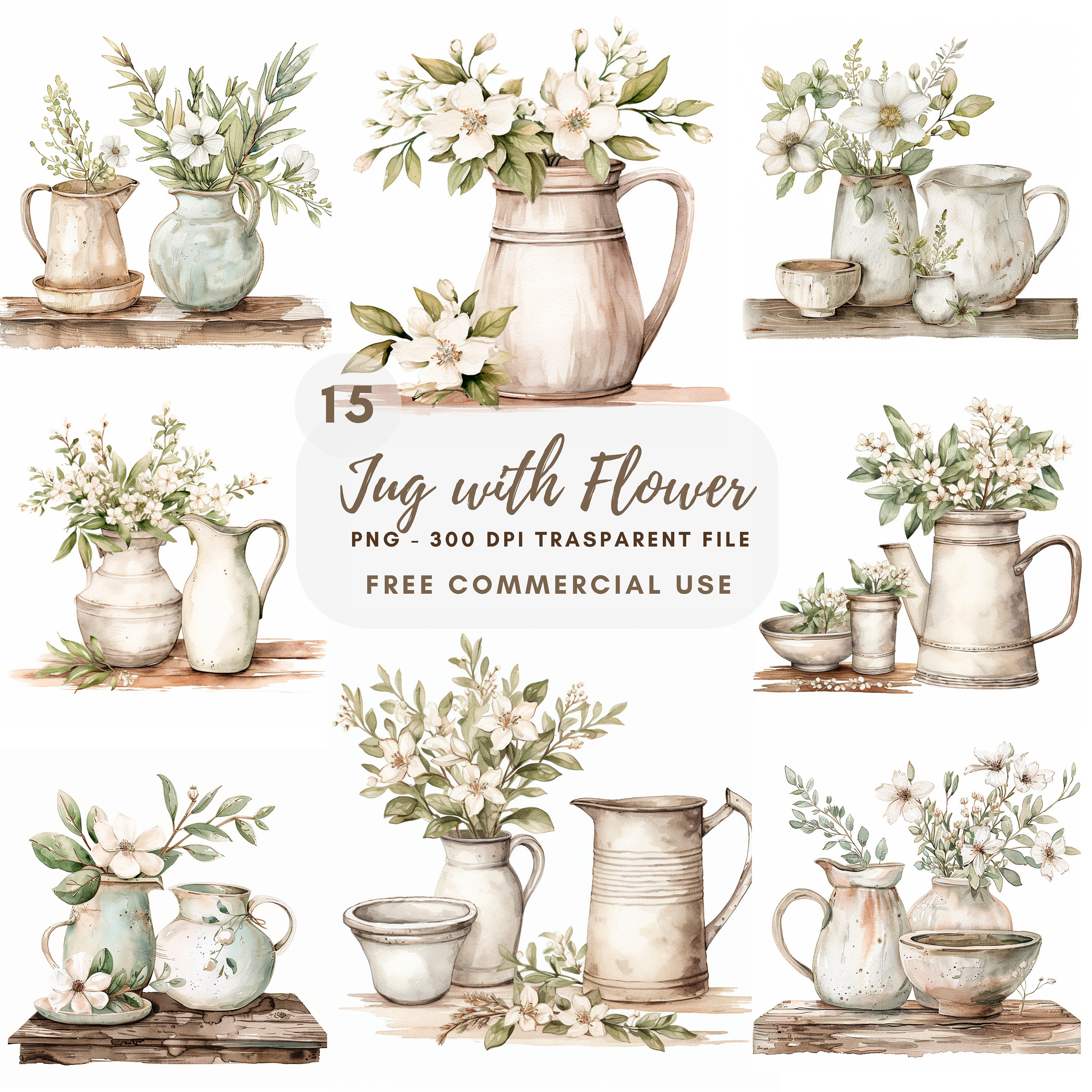 Vase of Flower Clipart Bundle 15 High Quality PNG, Watercolor Rustic ...