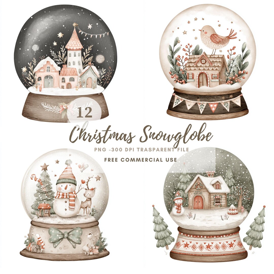 Christmas Snow Globe Clipart PNG Bundle 11 | Watercolor Christmas Beige ...