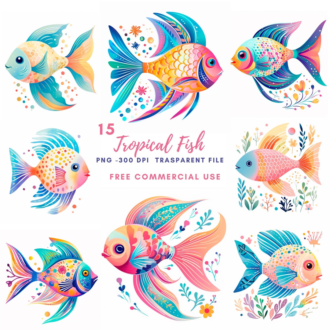 Tropical Fish Clipart PNG, Bundle 15 High Quality,watercolor Sea Fish ...