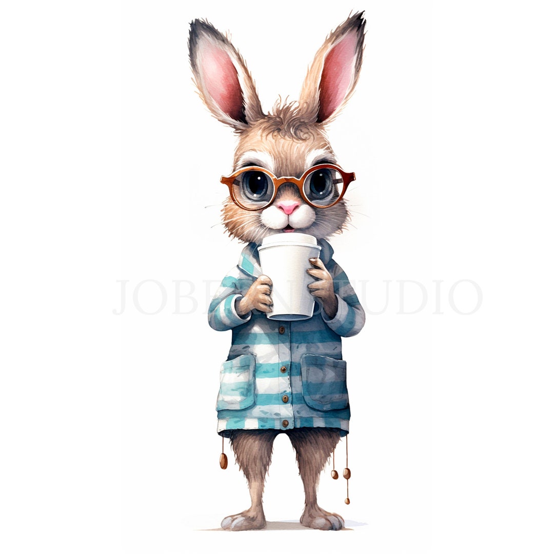 Bunny With Coffee Clipart PNG Bundle 12 High Quality JPG, Watercolor ...
