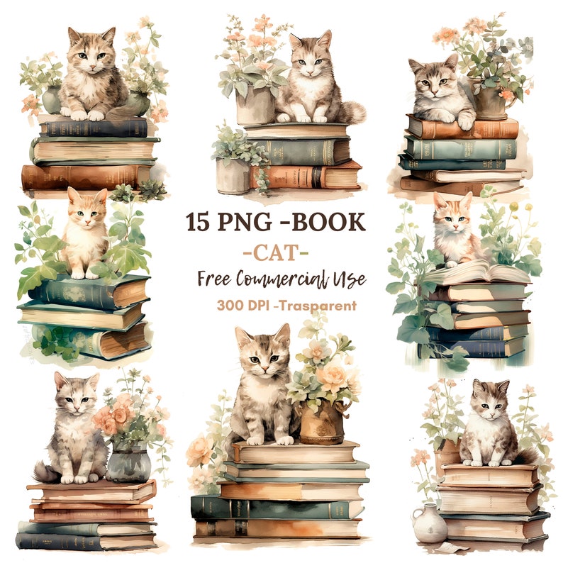 Book and Cat Clipart Bundle 15 High Quality Png,watercolor Home Decor ...