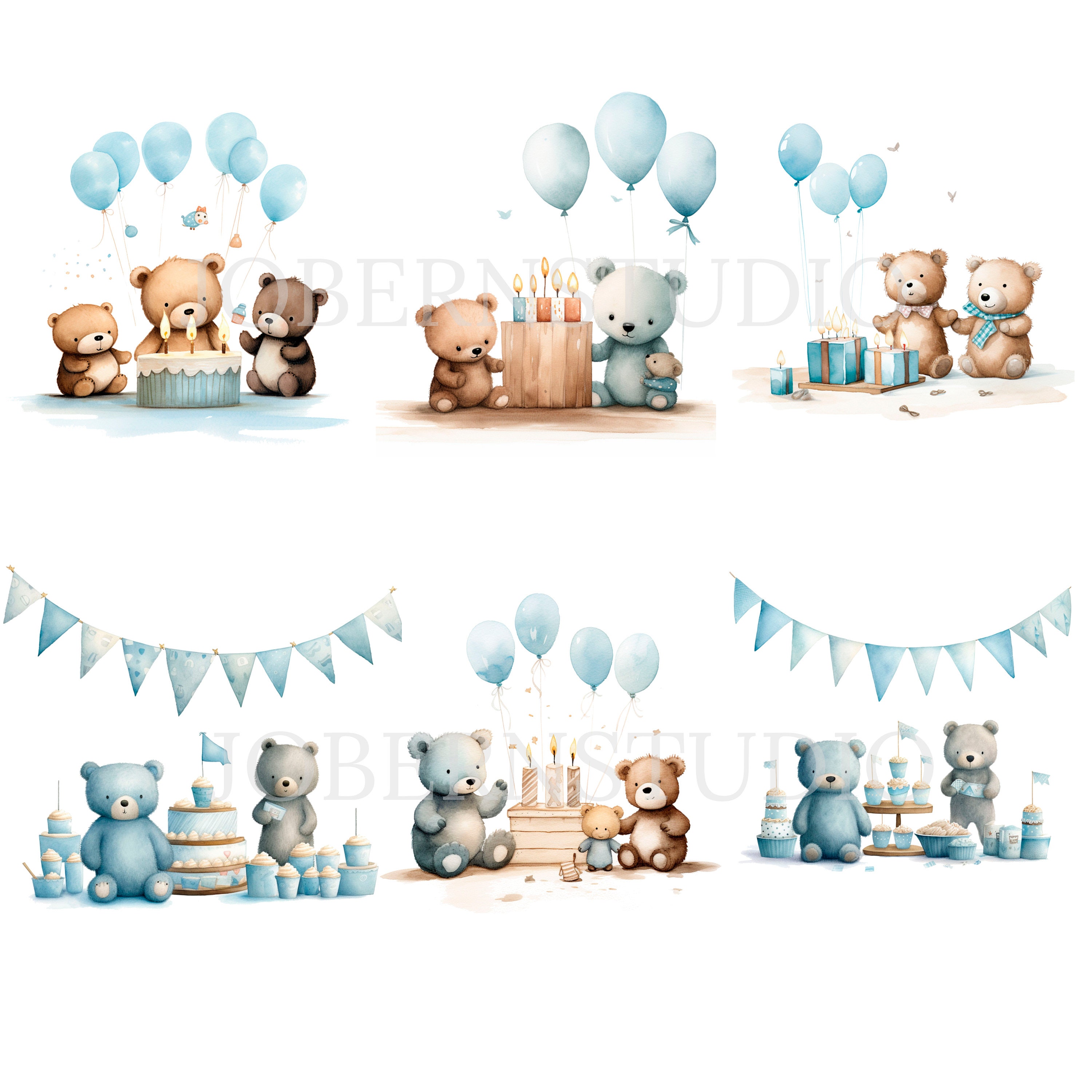 Teddy Bear Party Watercolor Clipart Png,bundle 15 High Quality Jpgs ...
