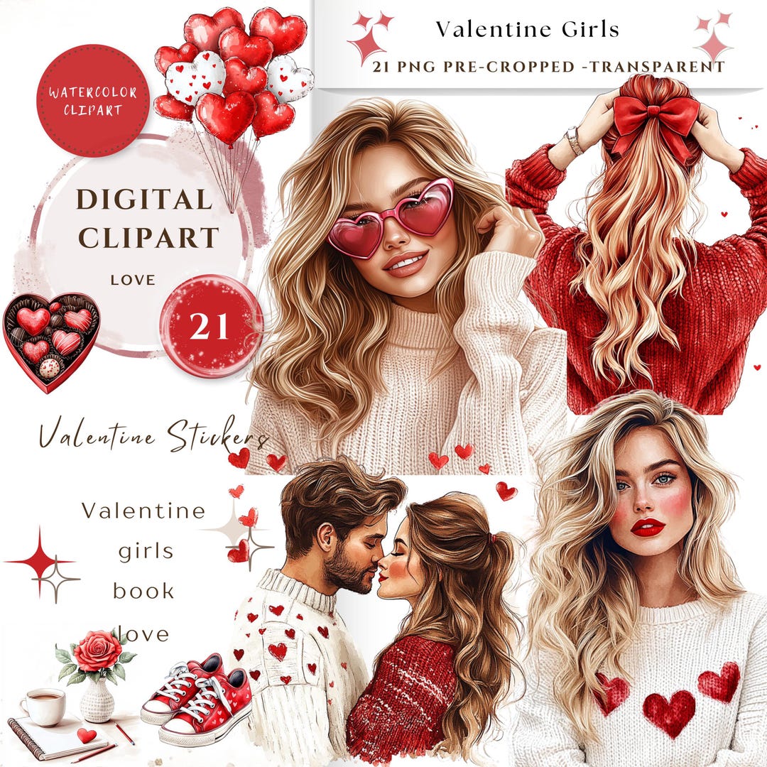 Valentine Girl Clipart PNG Bundle 21 High Quality| Watercolor Lovers ...