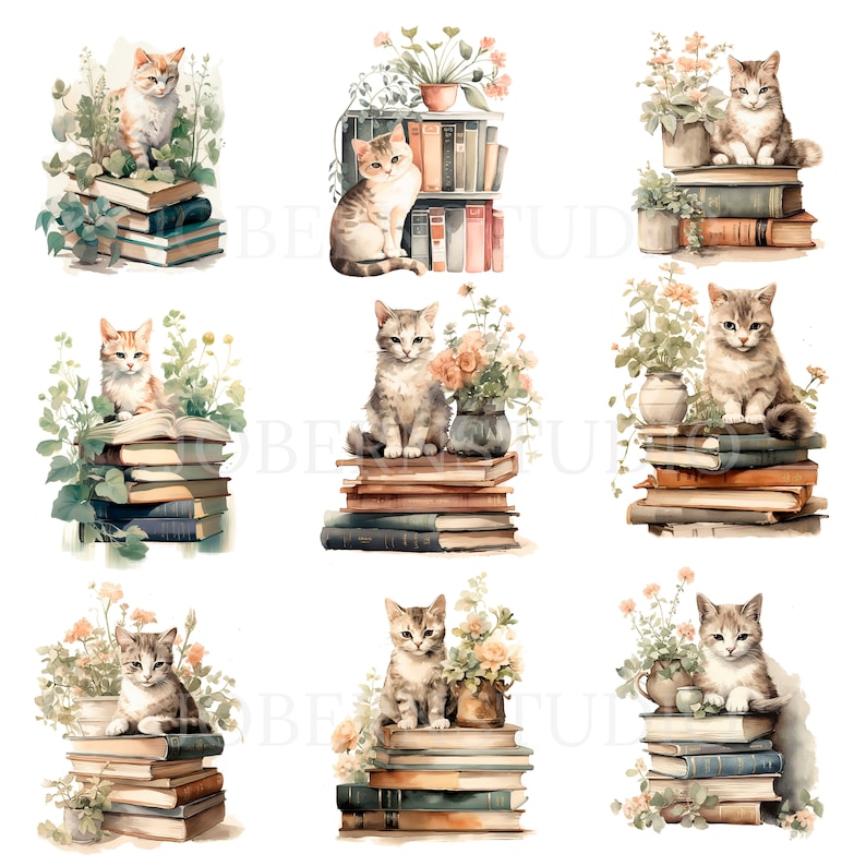Book and Cat Clipart Bundle 15 High Quality Png,watercolor Home Decor ...