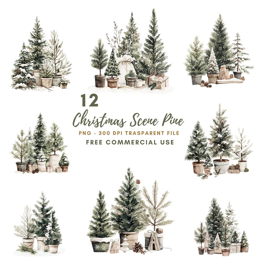 Christmas Decoration Clipart PNG Bundle 12, Watercolor Christmas Scene ...