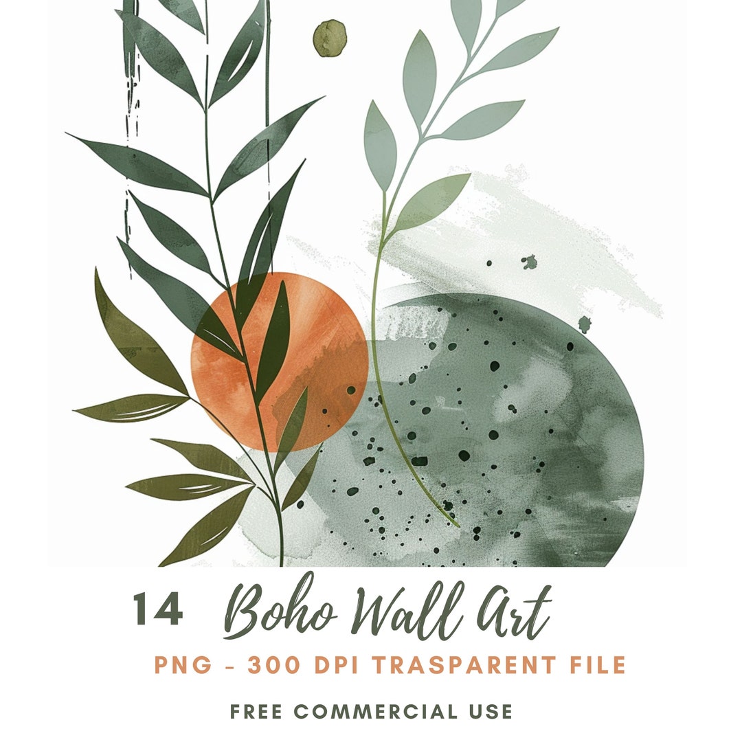 Boho Wall Art Clipart Bundle 14 High Quality PNG, Watercolor Green ...