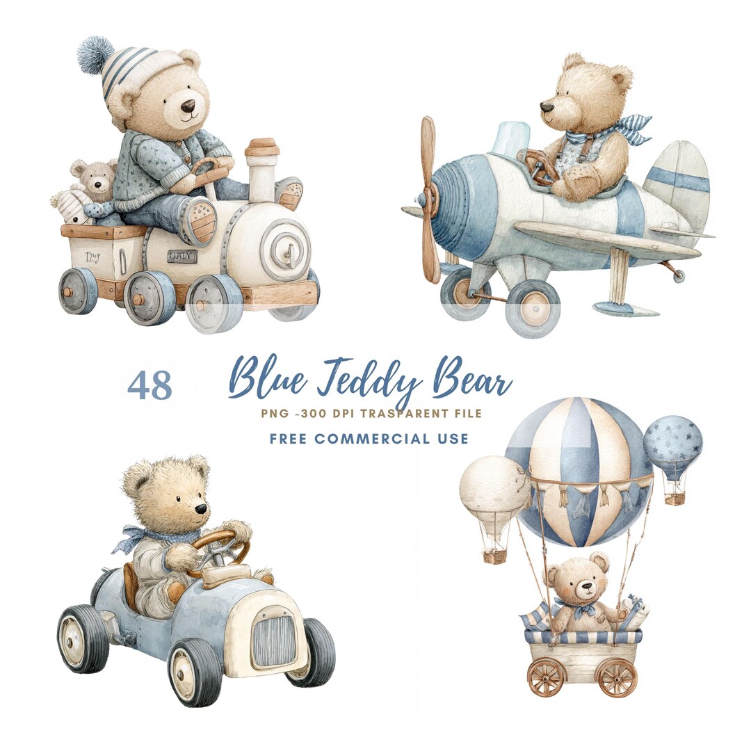Blue Teddy Bear Nursery Clipart,bundle 48 Png,watercolor It's a Boy ...