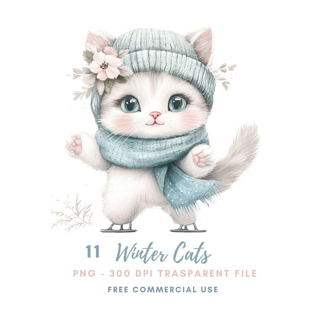 Winter Cat Clipart PNG Bundle 11 High Quality | Winter Skater Cute Cat ...