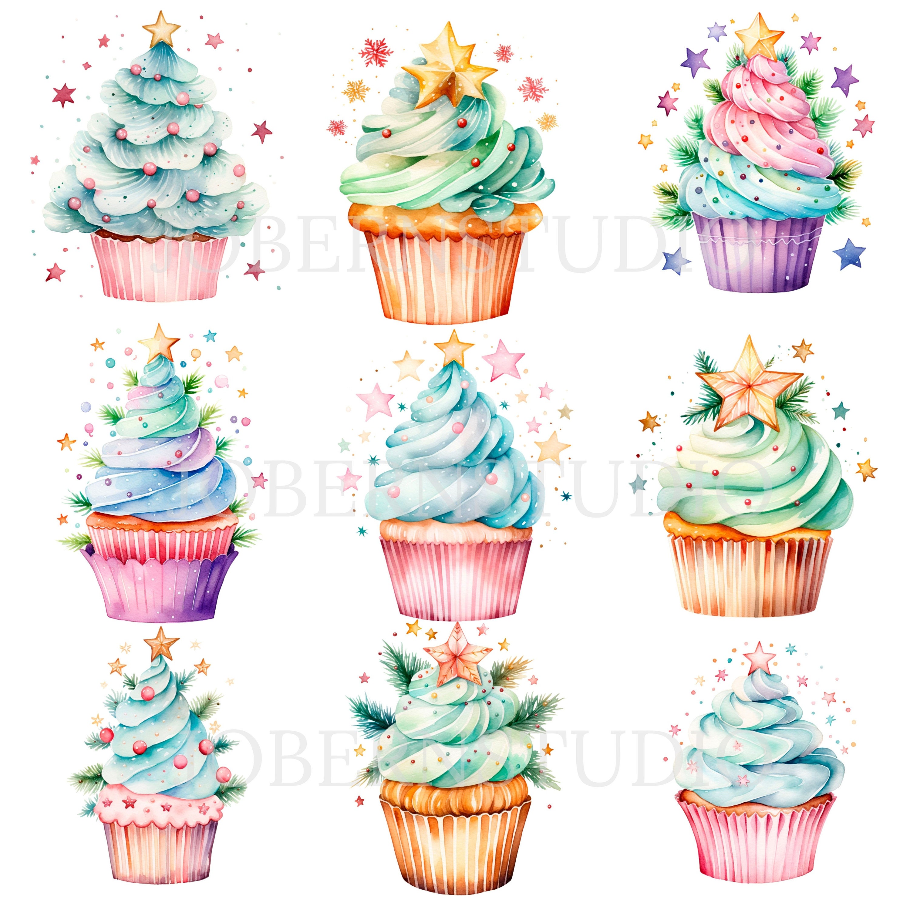 Christmas Tree Cupcake Clipart,bundle 15 High Quality Png,watercolor ...
