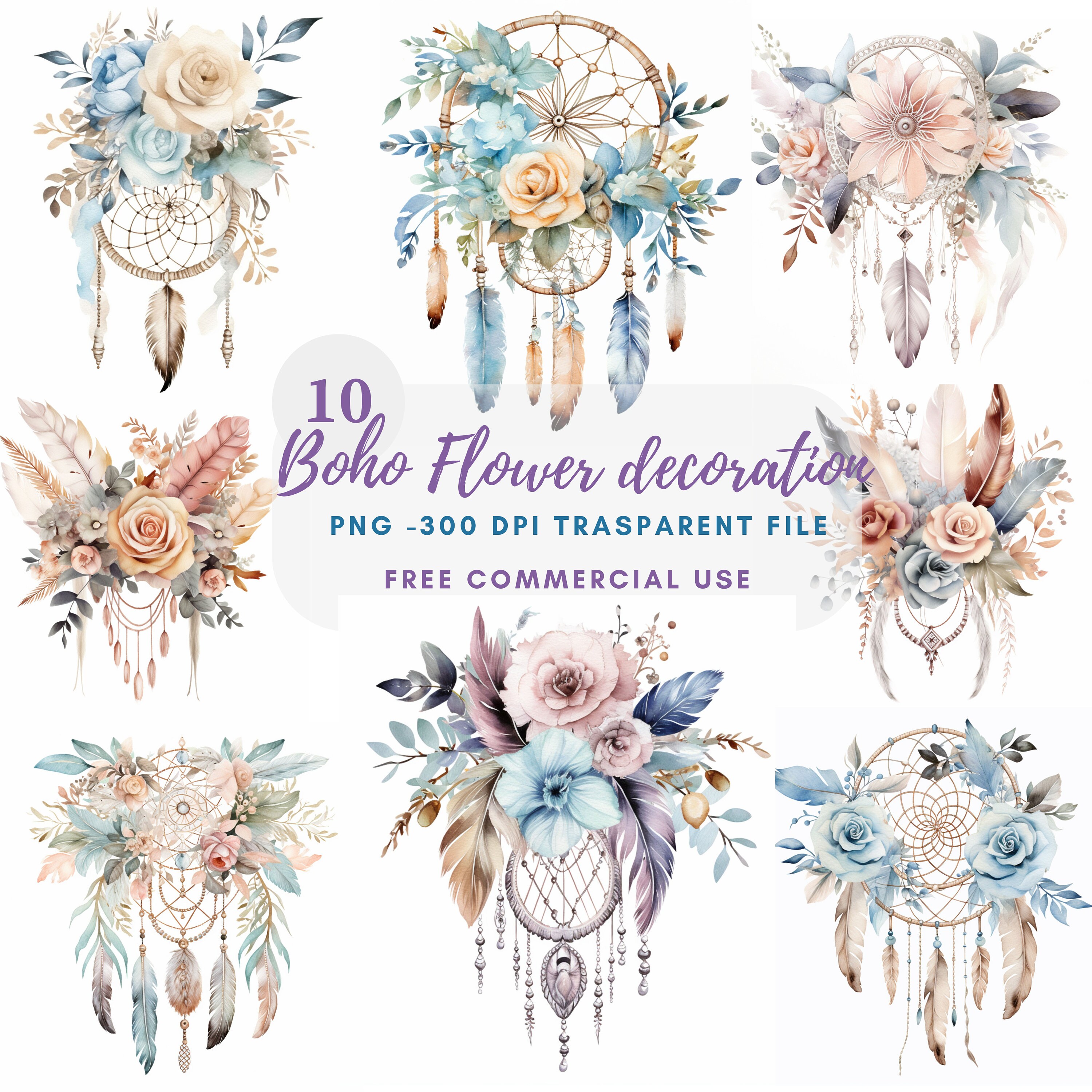 Boho Flower Clipart Bundle 10 High Quality Png,watercolor Floral ...