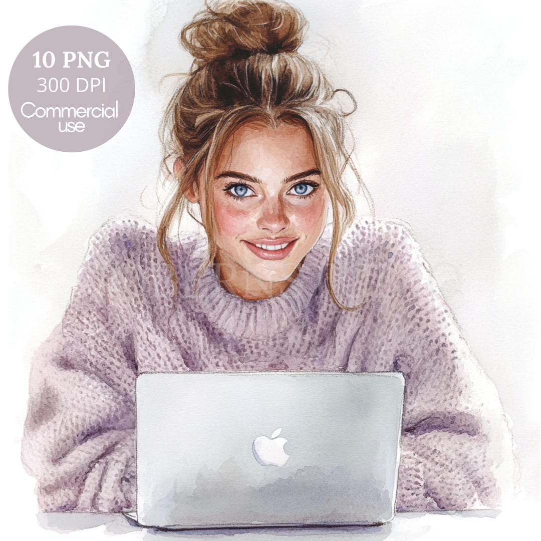 Watercolor Woman Clipart Png,bundle 10 ,woman With Computer, Printable ...