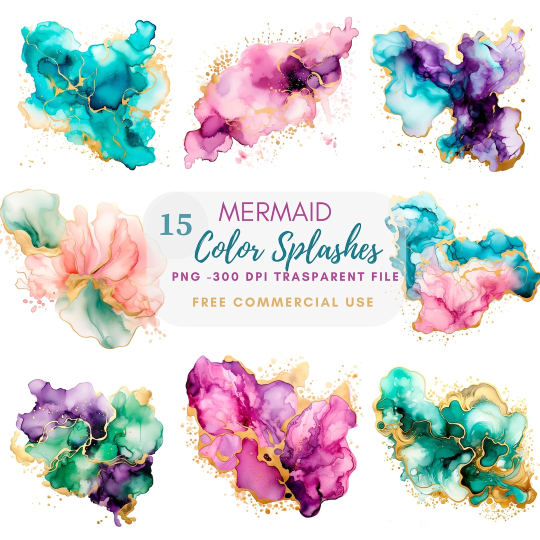 Watercolor Mermaid Color Splash Clipart,15 Mermaid Watercolor Graphics ...