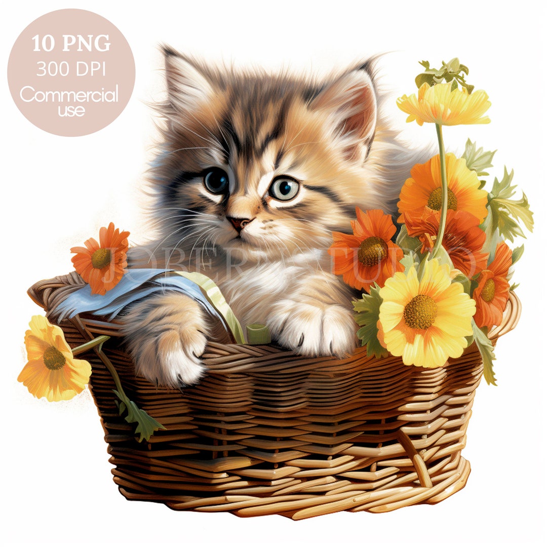 Cat and Flower Clipart PNG Bundle 13 High Quality JPG, Watercolor Funny ...