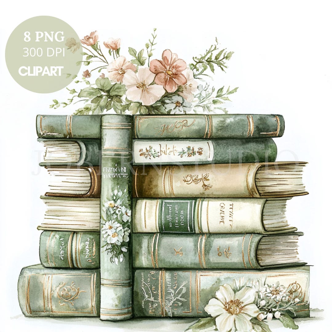 Floral Book Clipart Bundle 8 High Quality Png,watercolor Green Books| Home Decor | Printable ...