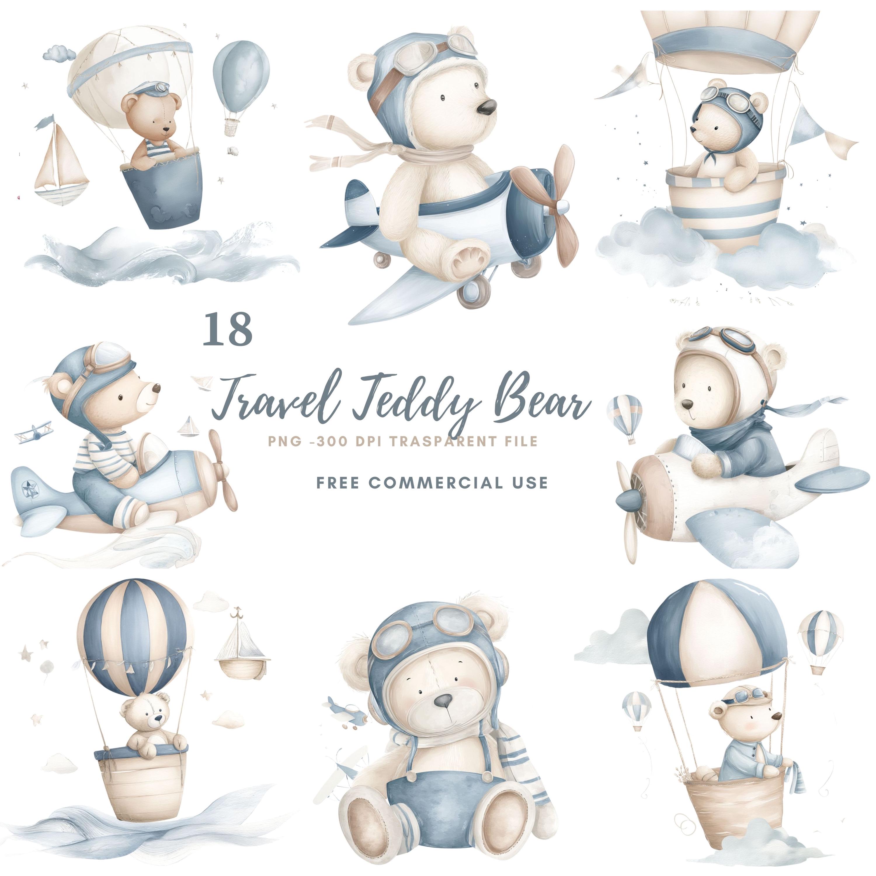 Teddy Bear Travel Aviator Clipart PNG Bundle 18 High Quality|watercolor ...