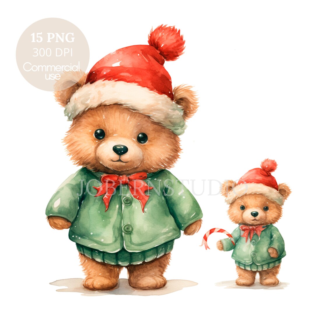 Christmas Teddy Bear, Watercolor Clipart PNG,15 High Quality Jpgs ...