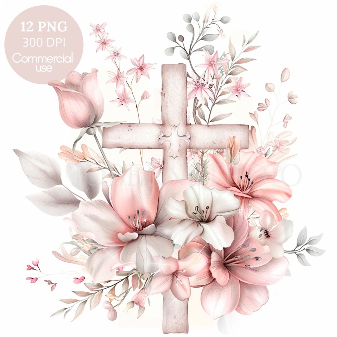 Pink Flower Cross Clipart Bundle 12 High Quality Png,cross Watercolor ...