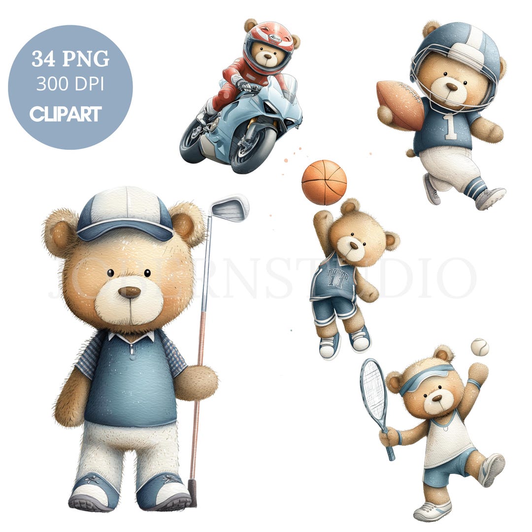 Teddy Bear Sports Clipart Bundle 34 PNG, Watercolor Nursery Golf, Rugby ...