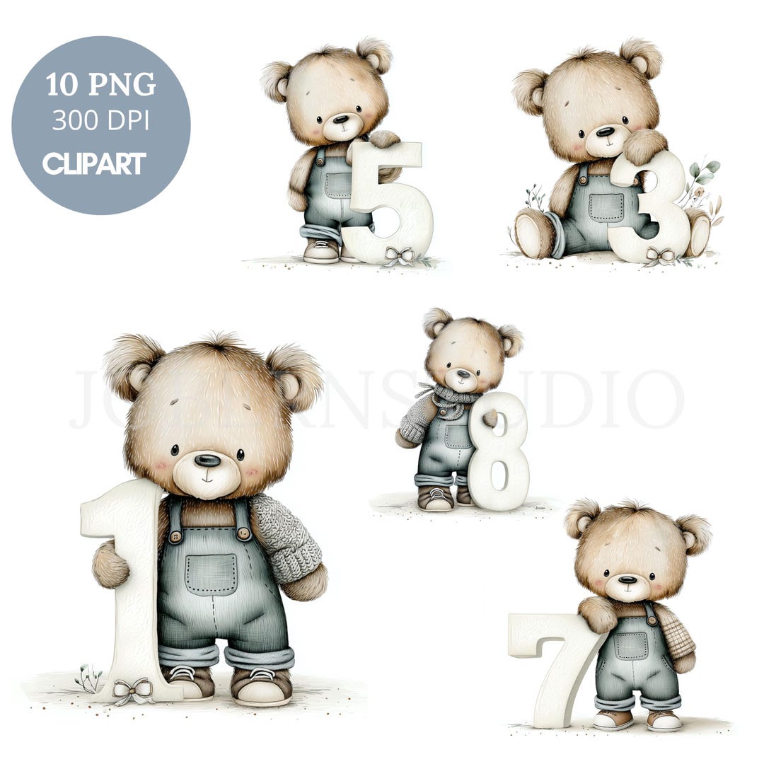 Nursery Teddy Bear Number 0-9 Clipart Bundle 10 High Quality PNG, Baby ...