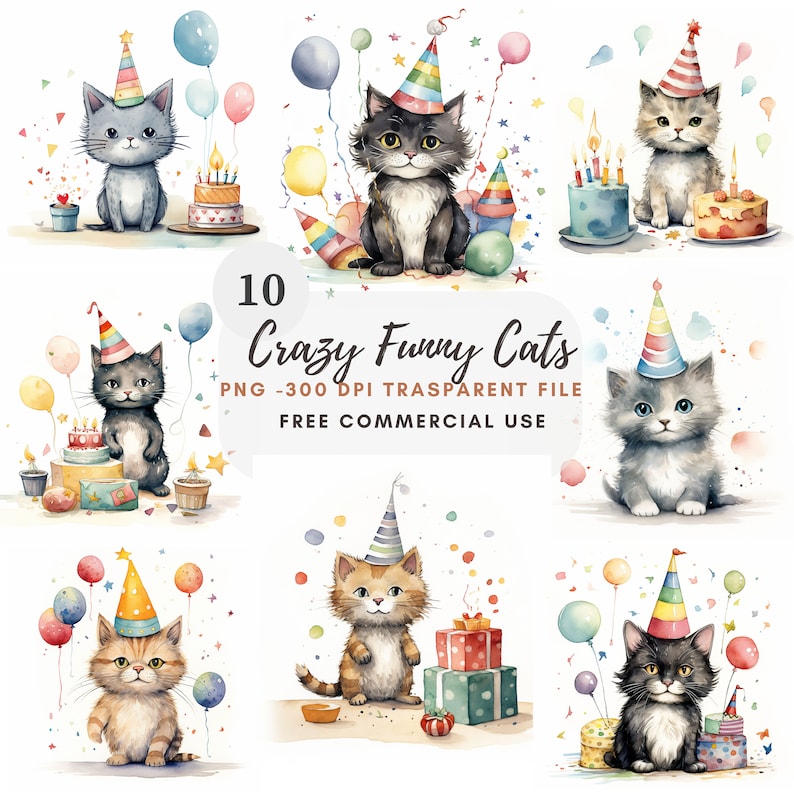 Crazy Cat Party Clipart PNG Bundle 10 High Quality Jpg,funny Baby Cats ...