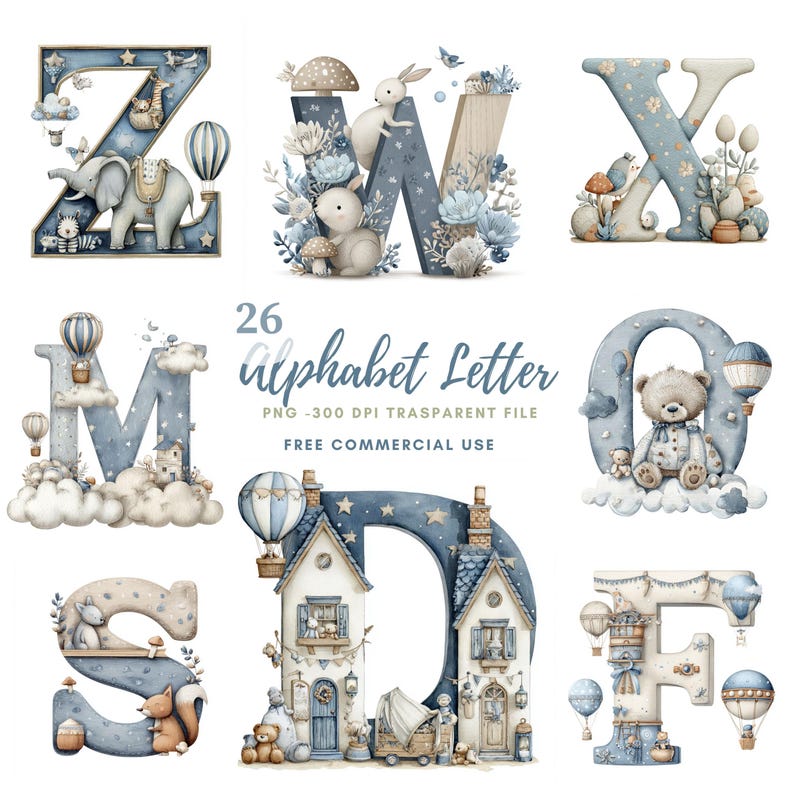 Nursery Alphabet Letter,clipart Bundle 26 PNG, Watercolor Blue Letter ...