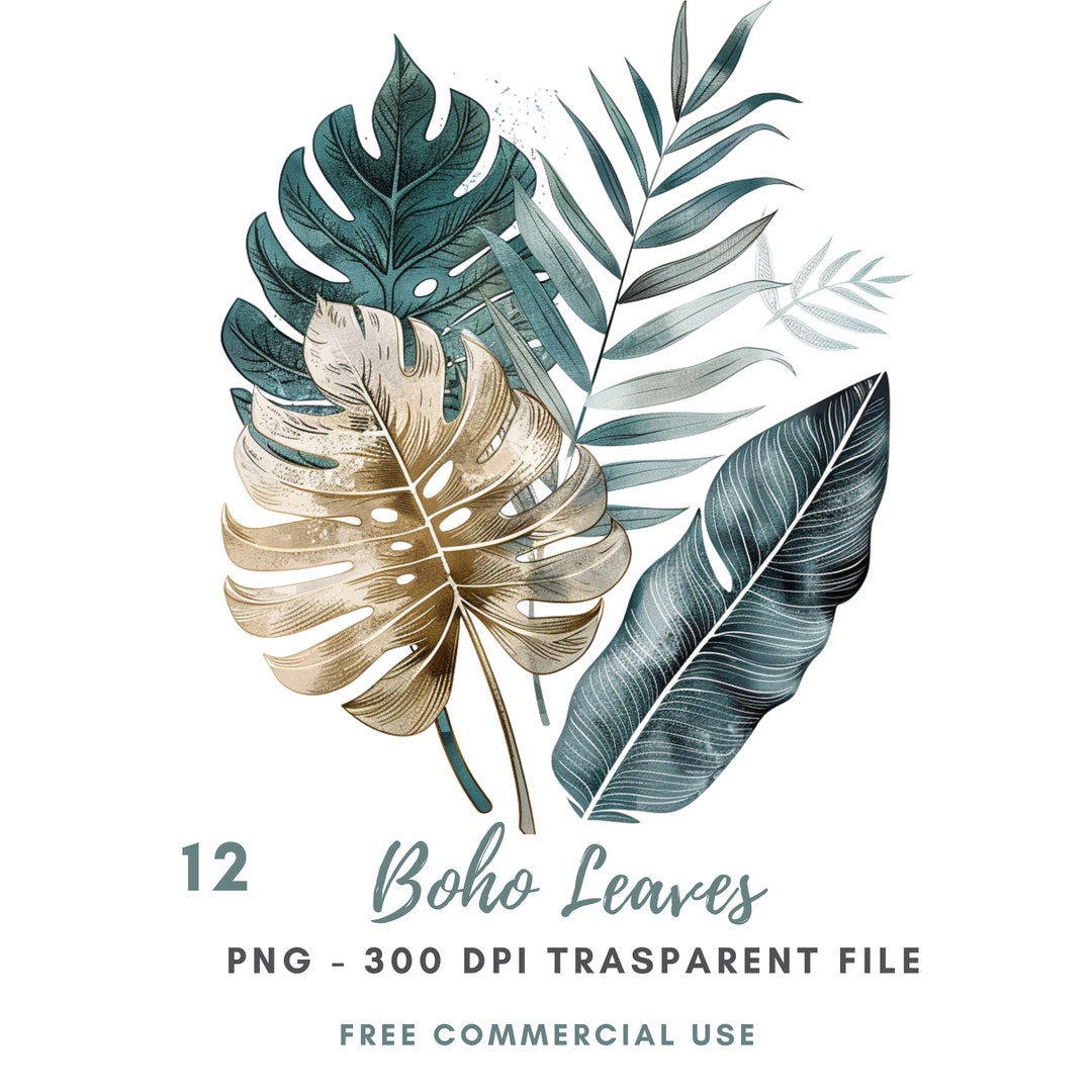 Boho Leaves Clipart Bundle 12 High Quality PNG, Watercolor Green Leaves ...
