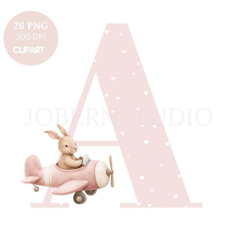 Nursery Pink Alphabet Letter Clipart Bundle 26 PNG, Watercolor Bunny ...