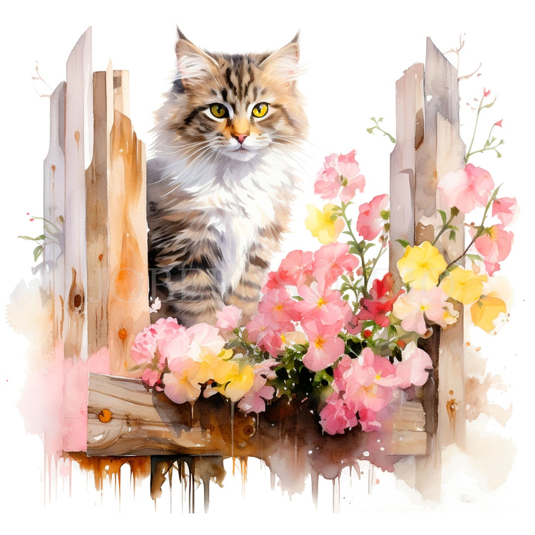 Cat and Flower Clipart PNG Bundle 13 High Quality JPG, Watercolor Funny ...