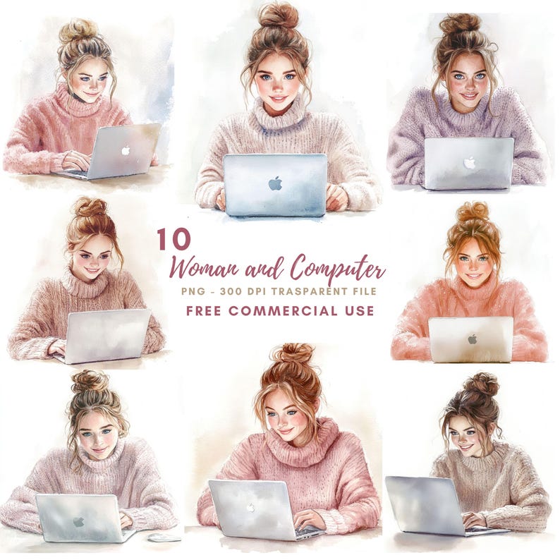 Watercolor Woman Clipart Png,bundle 10 High Quality,woman With Computer ...
