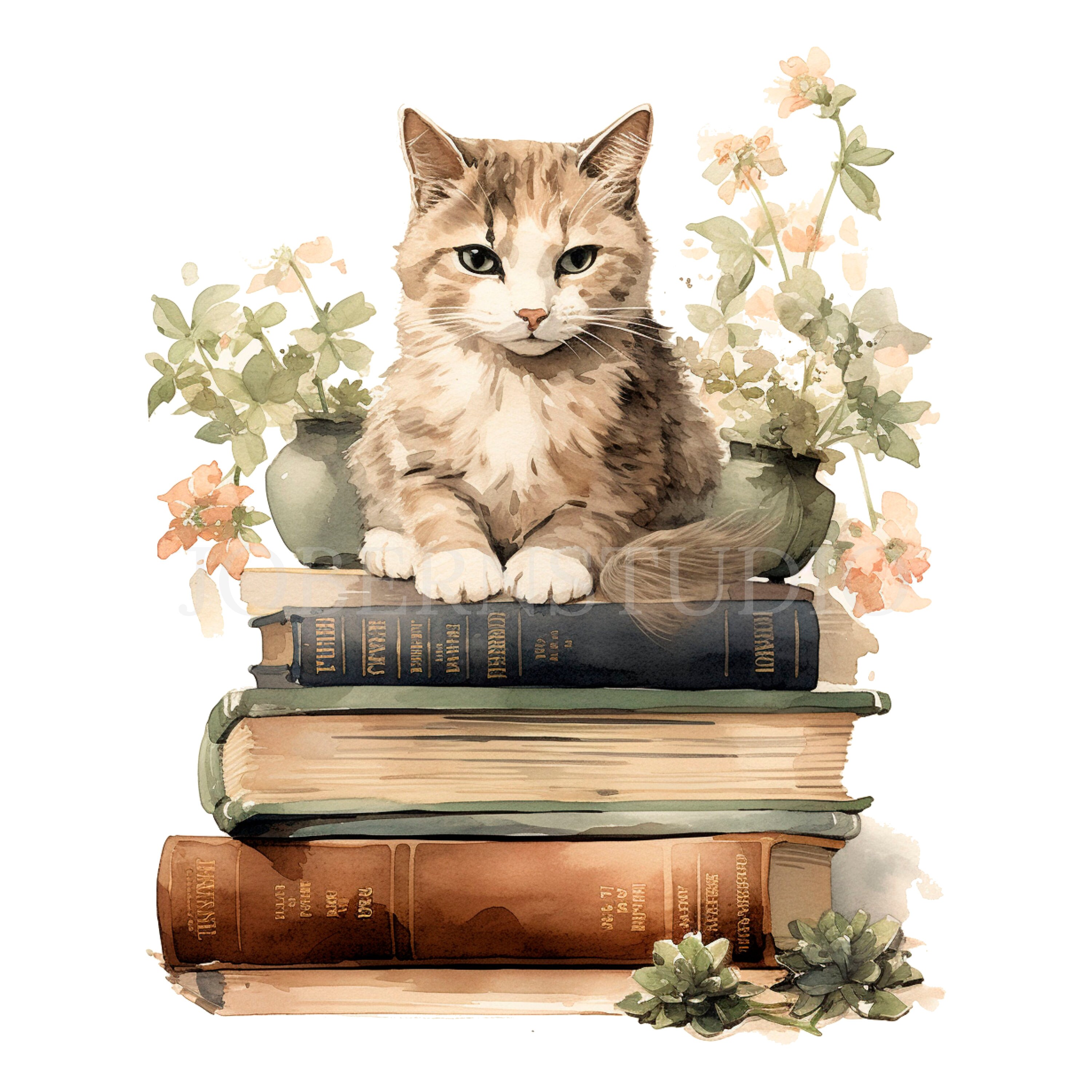 Book and Cat Clipart Bundle 15 High Quality Png,watercolor Home Decor ...