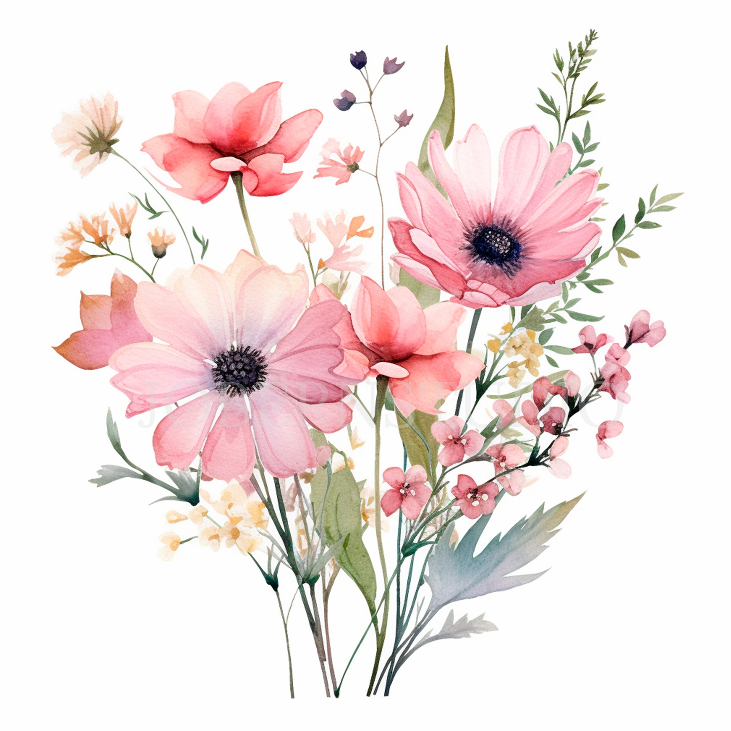 Pink Wild Flower Clipart Bundle 10 High Quality PNG, Watercolor Flower ...