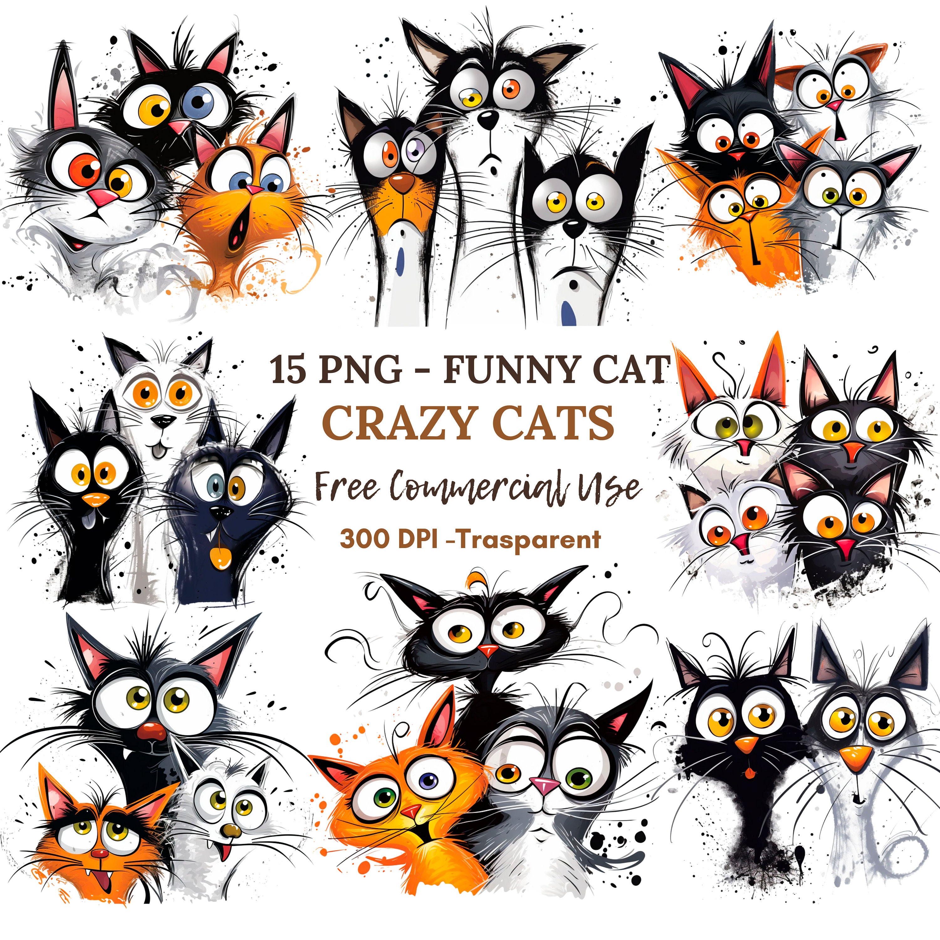Crazy Cats Clipart PNG Bundle 15 High Quality Jpg,funny Grumpy Black ...