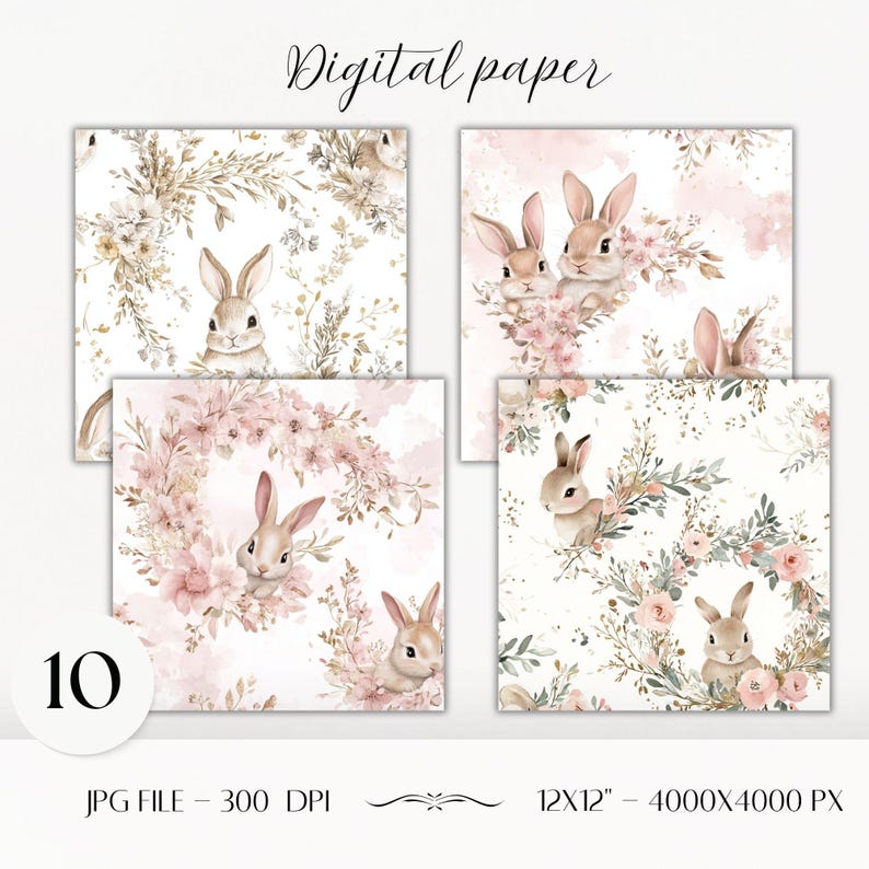 Flower Bunny Digital Paper Pack - 10 Pages Scrapbook Junk Journal ...