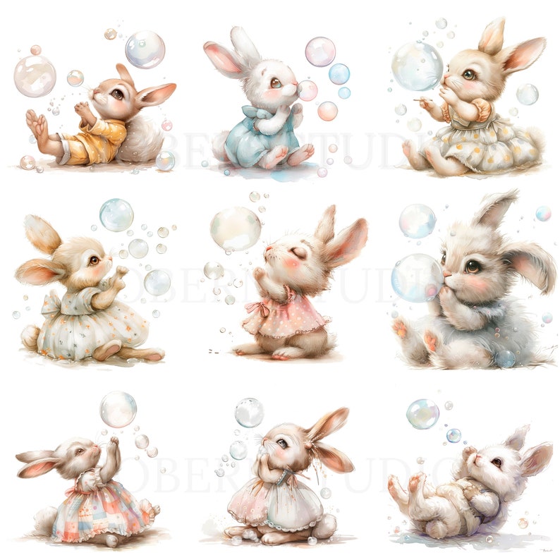 Cute Bunny Clipart PNG Bundle 15 High Quality,watercolor Bunny Bubbles ...