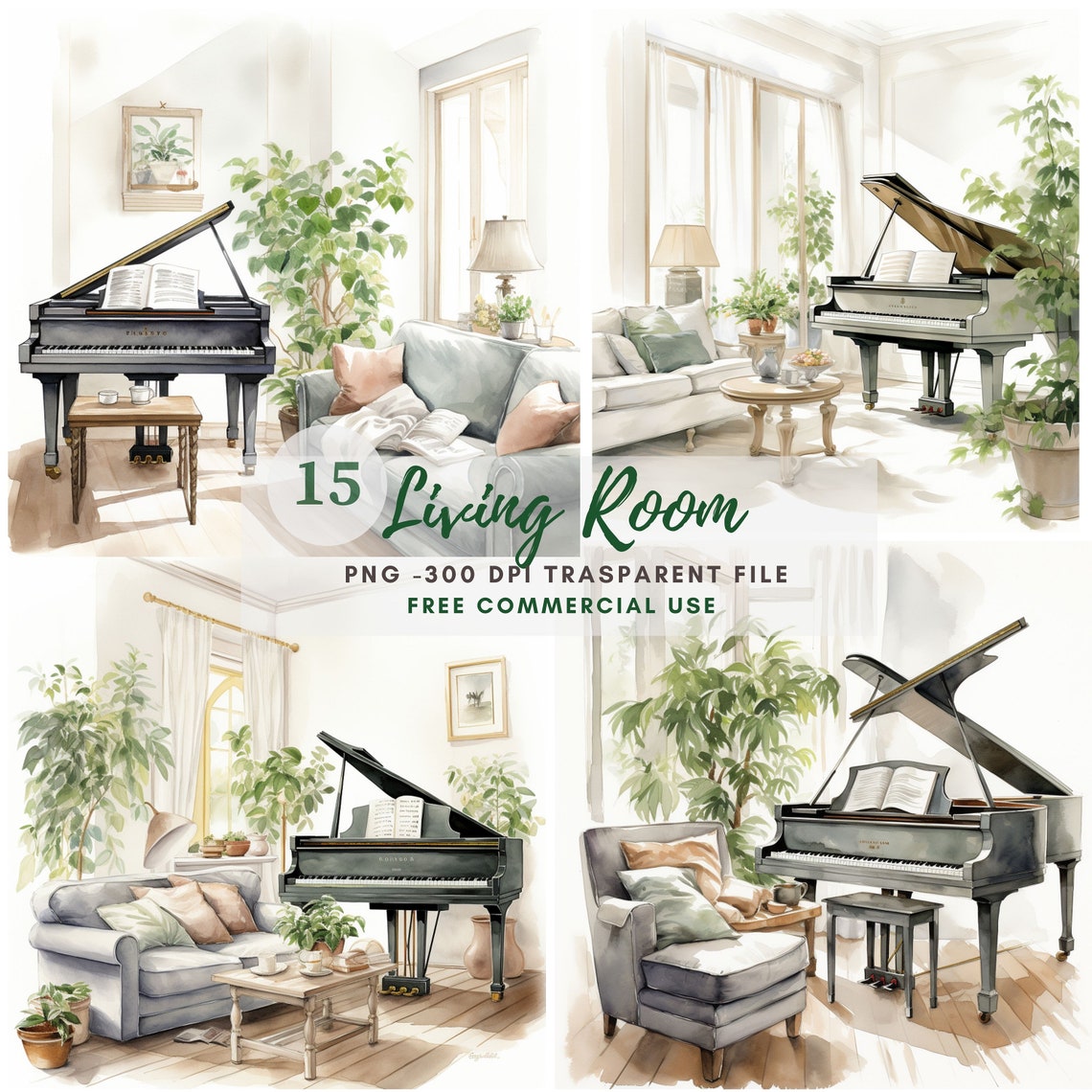 Living Room Clipart Bundle 15 High Quality Png,watercolor Home Decor ...
