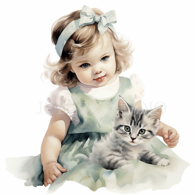 Watercolor Retro Baby With Cat Clipart Png,bundle 15 High Quality Jpg ...