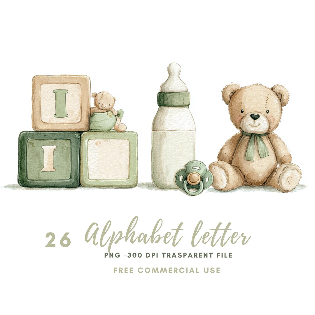 Nursery Alphabet Letter Clipart Bundle 26 High Quality PNG, Green Teddy ...