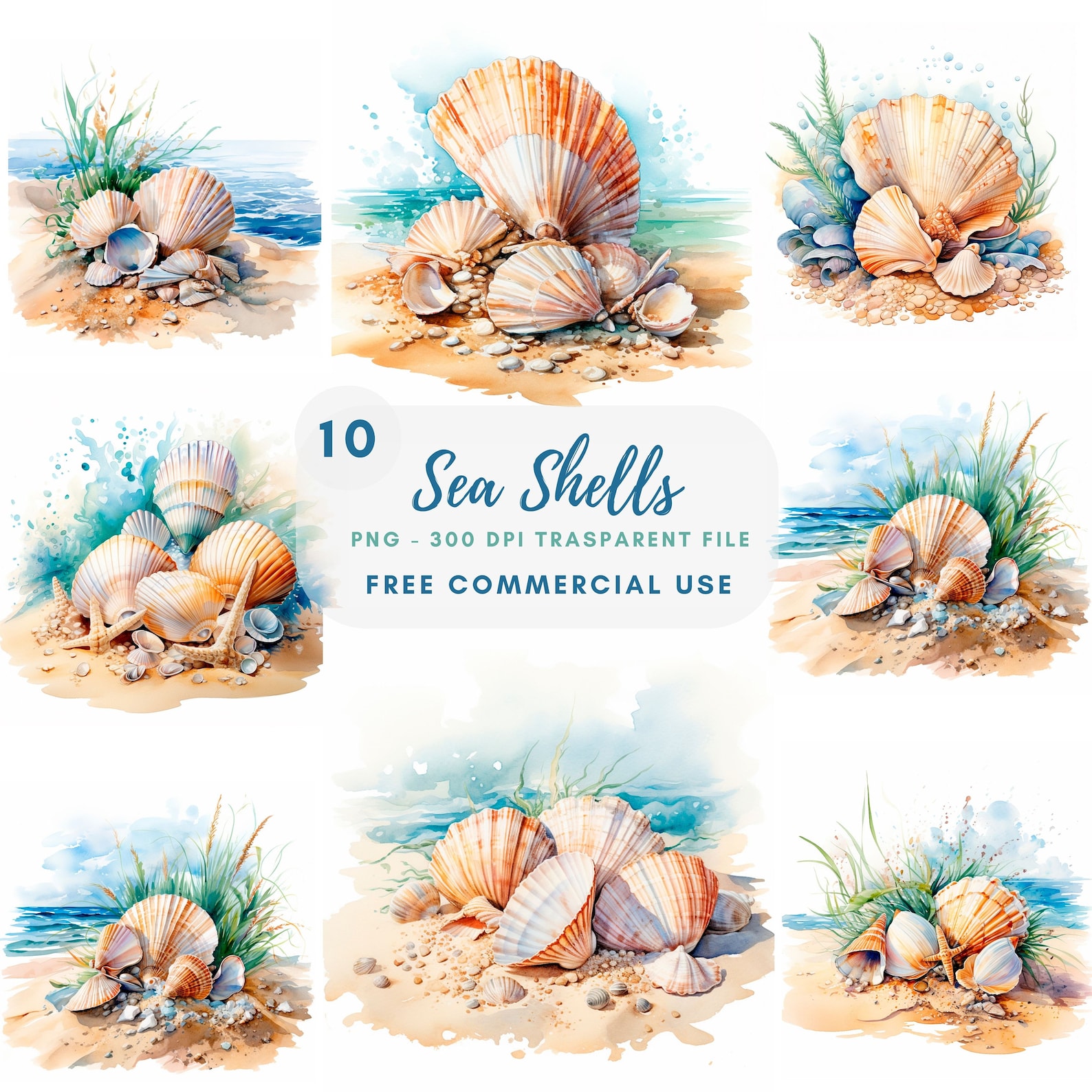 Sea Shell Clipart Png,bundle 10 High Quality Jpg,watercolor Shells ...