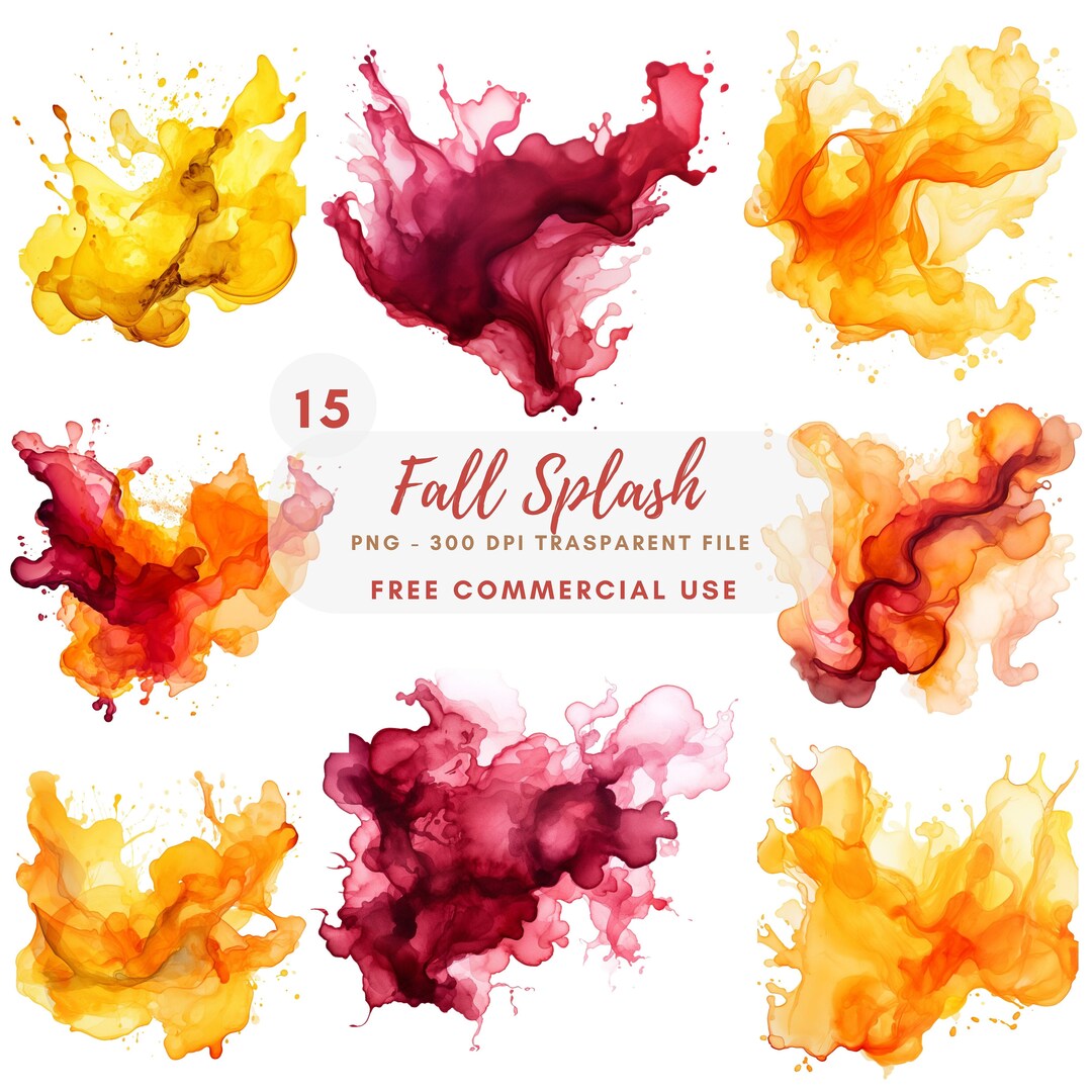 Watercolor Fall Color Splash Clipart,15 Watercolor Graphics Alcohol Ink ...