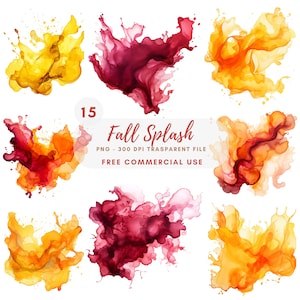 Watercolor Fall Color Splash Clipart,15 Watercolor Graphics Alcohol Ink ...